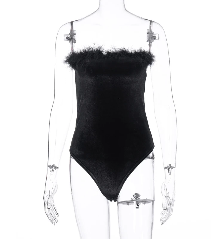 Bodysuit Women Black Solid Color Sexy Bodysuits Furry Collar Sleeveless ...