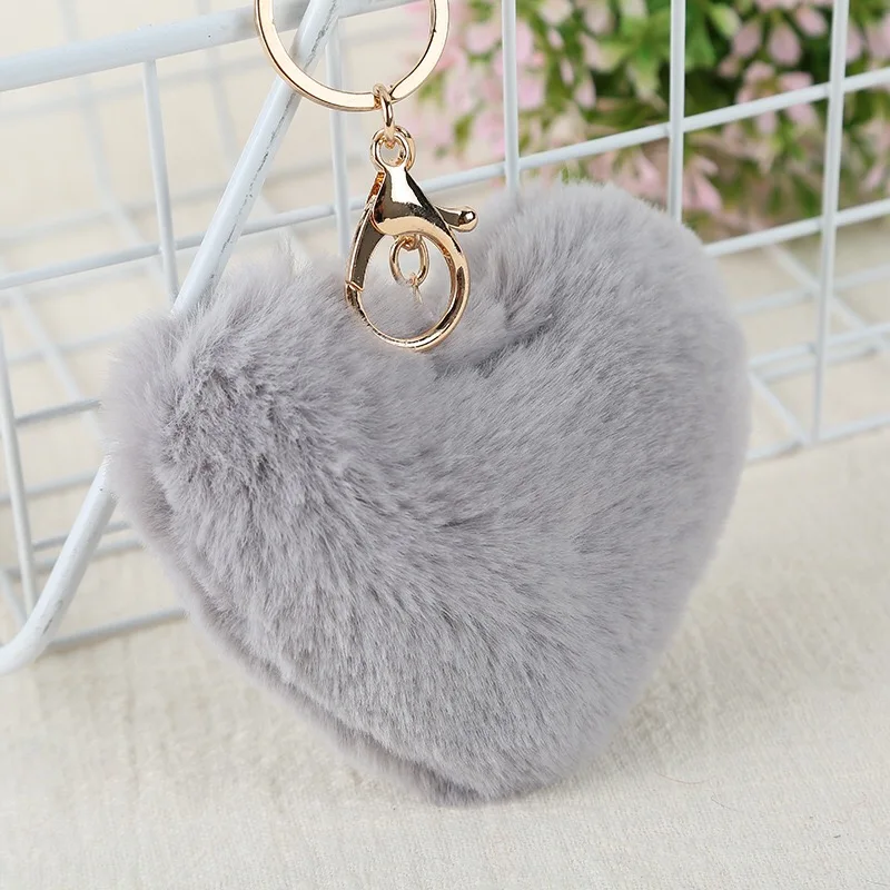 Cute Girl Fluffy Plush Keyring Furry Faux Fur Heart Pom Pom Fur ...