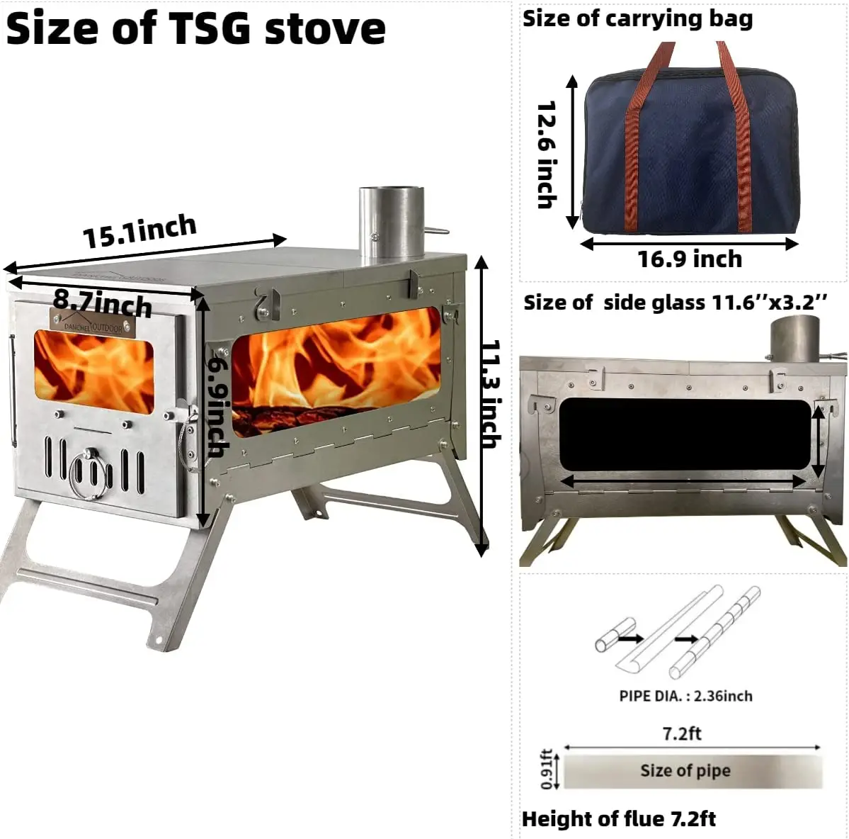 Usa Warehouse Tsg Portable Titanium Tent Stove With Large Side Glass ...