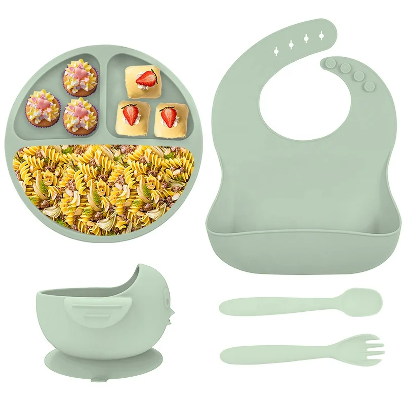 Bpa Free Silicone Baby Feeding Plates Set Weaning Bib Bowls Bottle Set ...