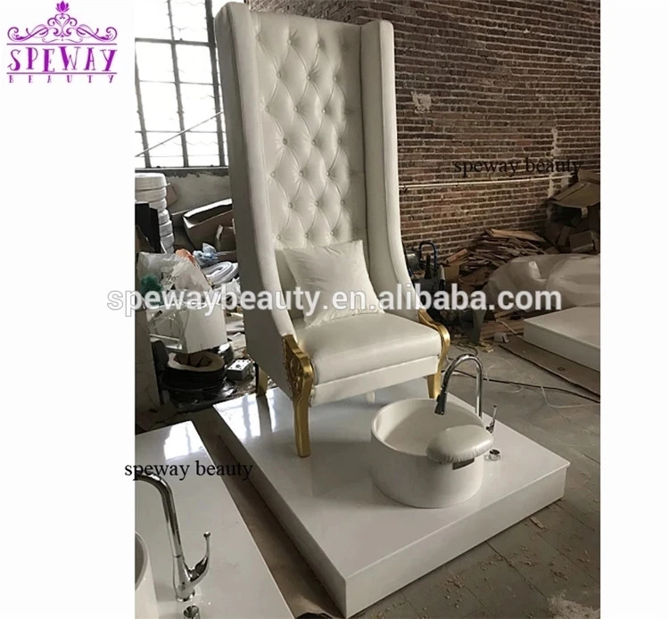 Tall Throne King Spa Pedicure Chair in White Velvet with Crystals