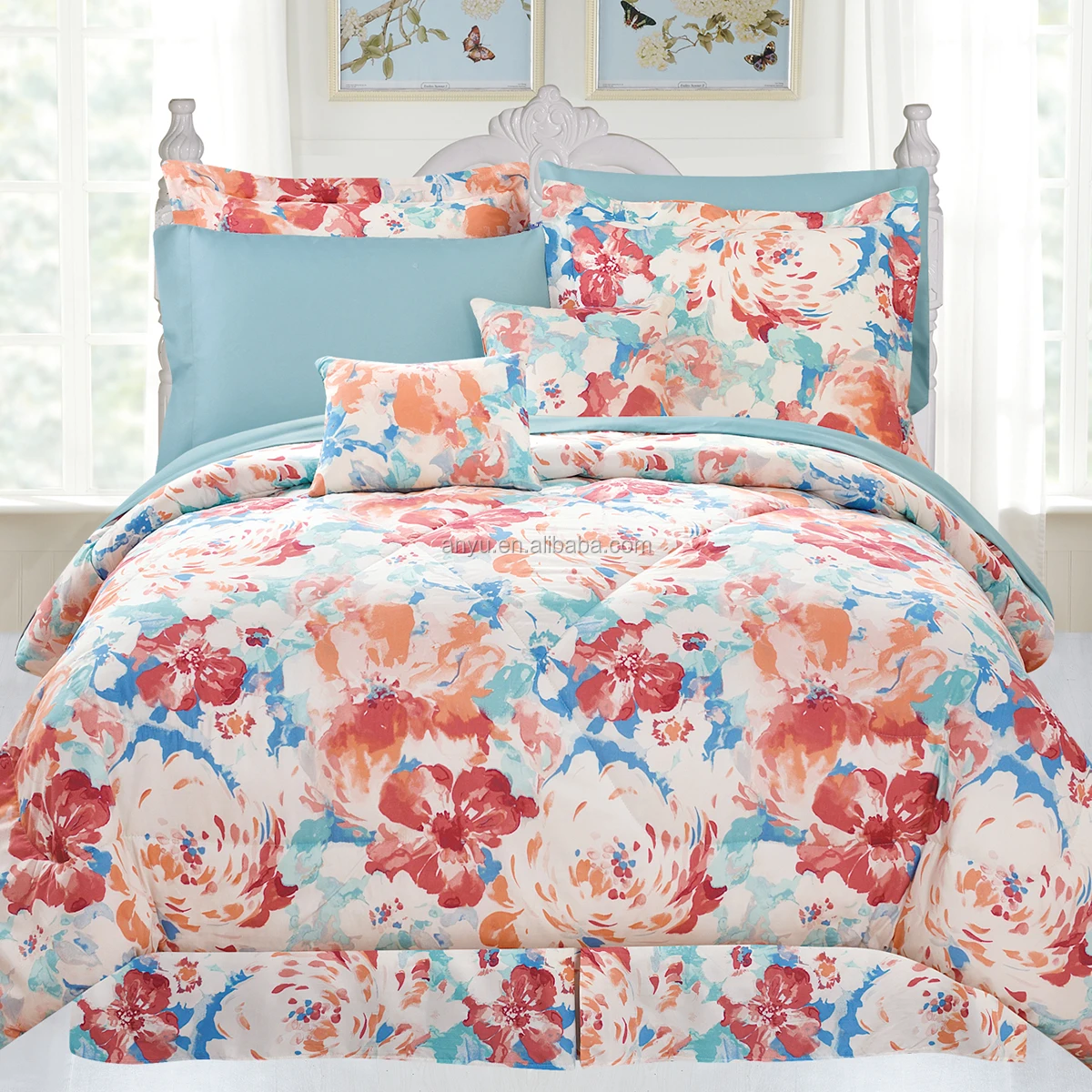 Wholesale Luxury Pink Flower Printed Microfiber Comforter Set 10 Pieces ...