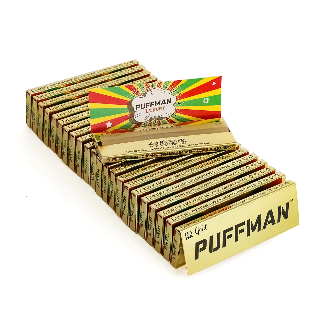 Puffman Smoking Rolling Paper Golden Booklet 1 1/4 Size Unbleached ...