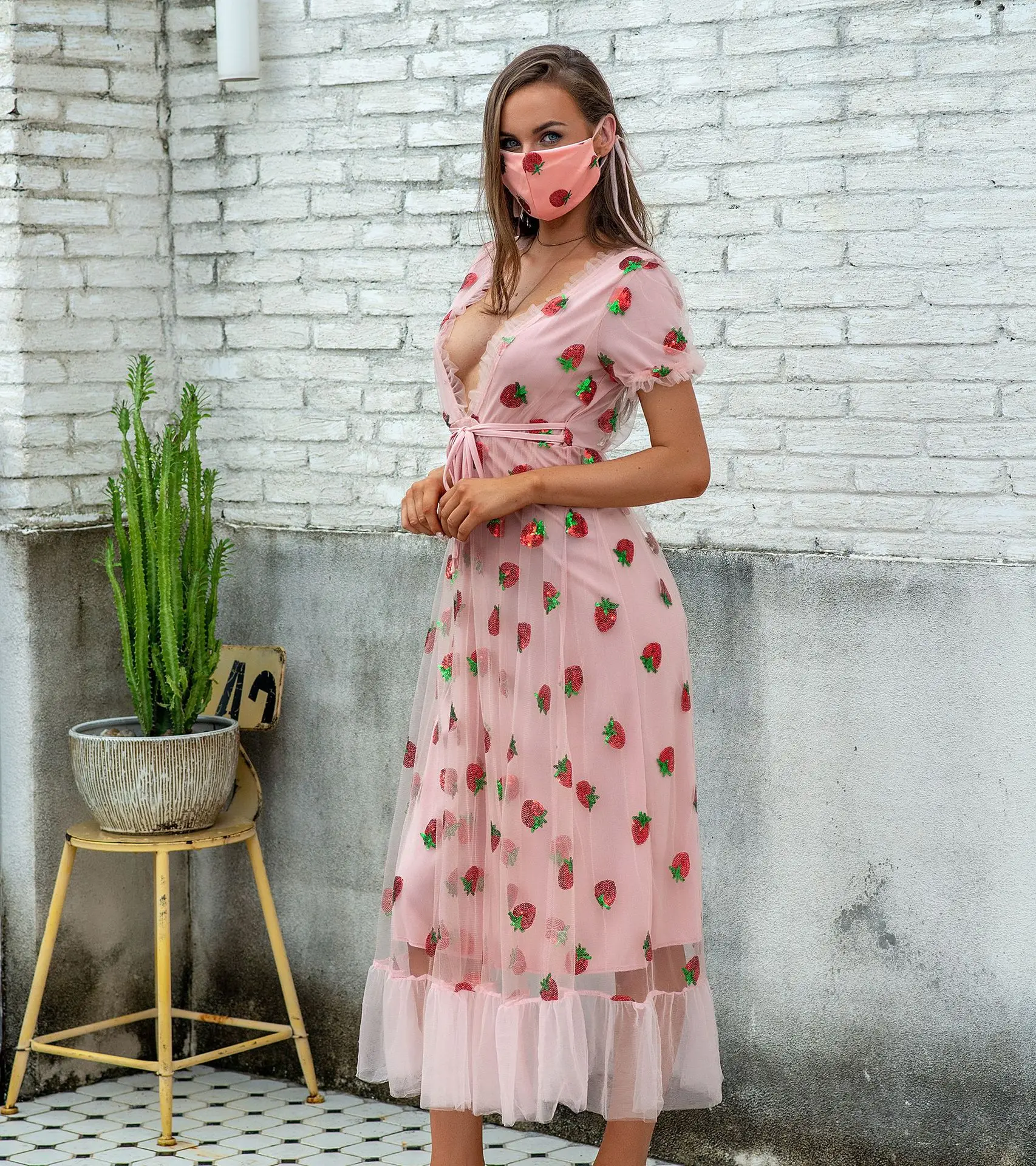 Elegant Mesh V Neck Strawberry Embroidery Short Puff Sleeve Ruffled ...