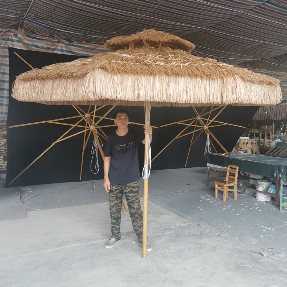 Two lays Hawaii Wooden umbrella Garden Artificial Thatch Straw Raffia ...