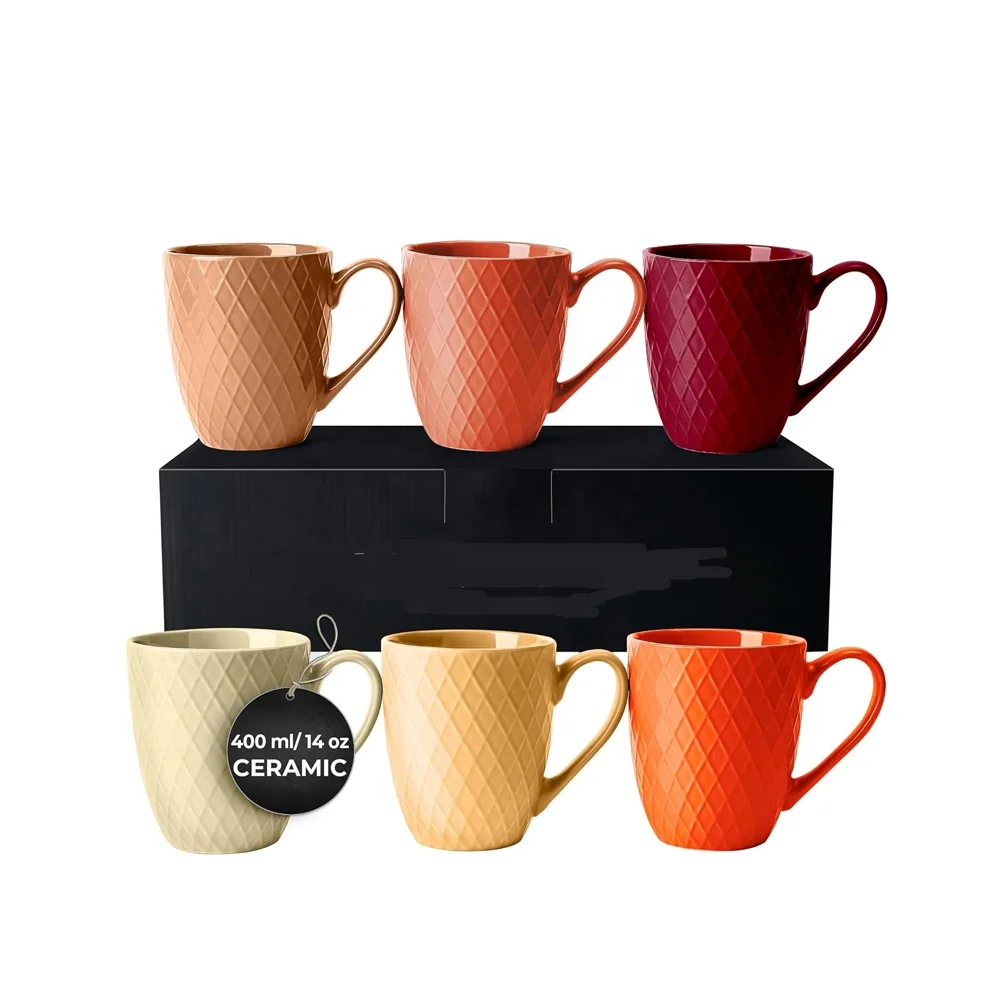 Stoneware Mugs Set 14oz Embossed Cups Multi-color Ceramic Bulk Coffee ...