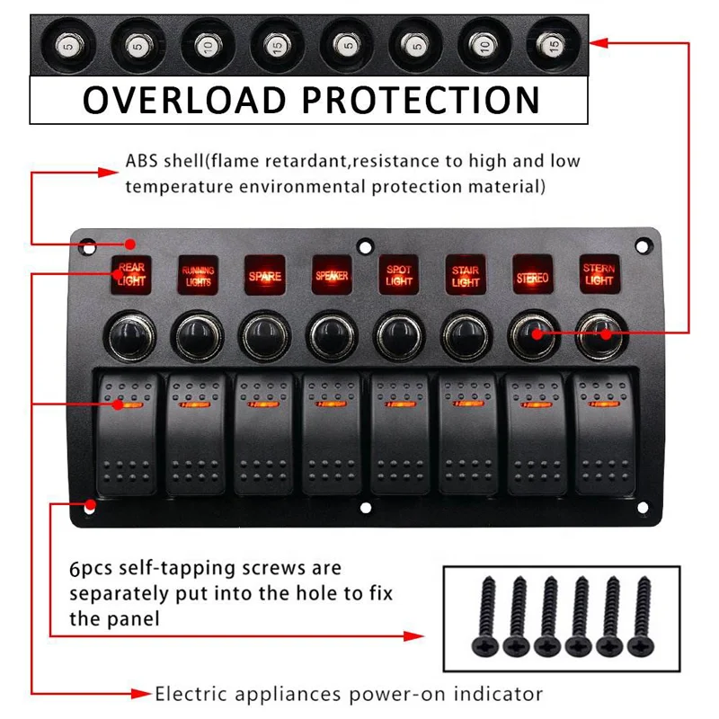 8 Gang Boat Car Rocker Switch Panel 12v Aluminum Panel Waterproof ...