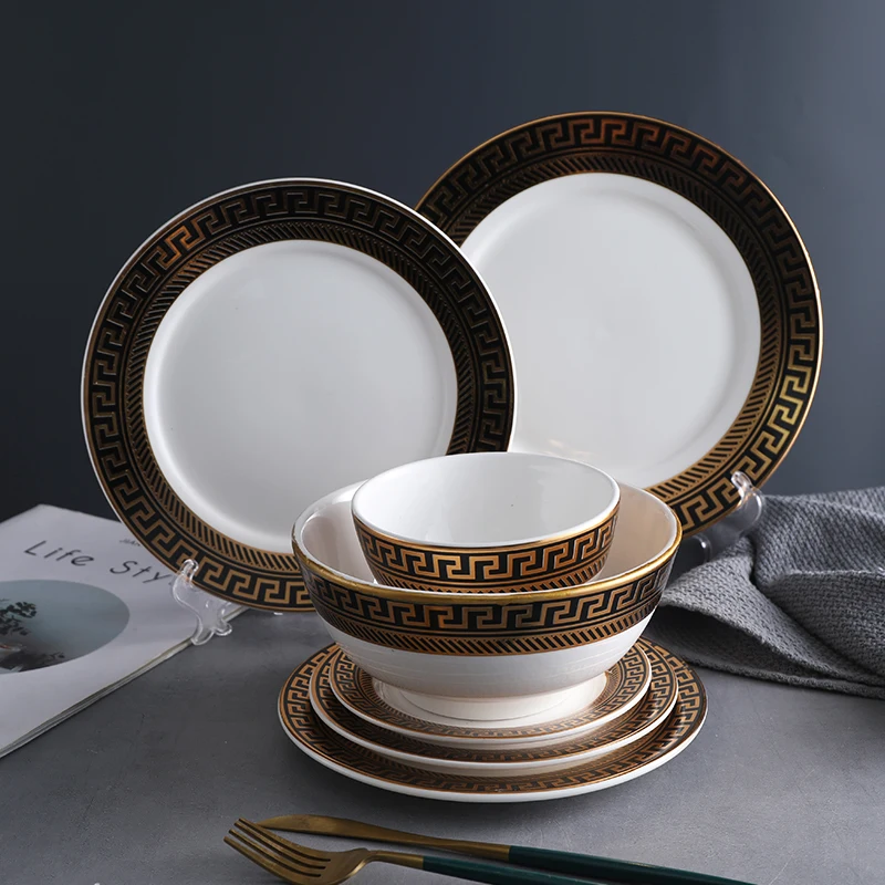 Luxury Dining Plates - Ceramic Dinnerware Set with Gold Rim