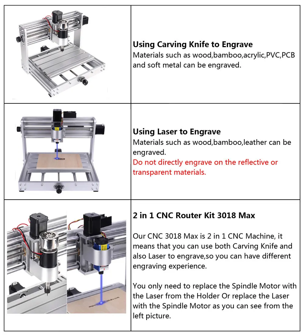 Aluminum Z Axis Spindle GRBL Control Mini Router CNC 3018 Max for Sale