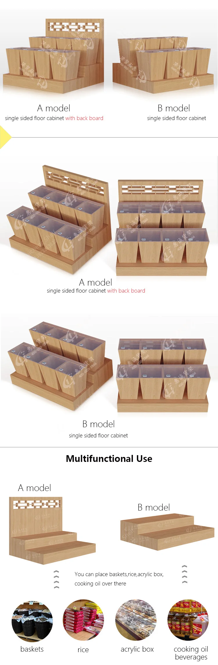 Customized Supermarket Grain Racks Wooded Rice Stand Display Shelves ...