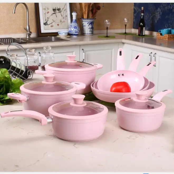 11pcs Pink Cooking Pots and Pans - Non Stick Set