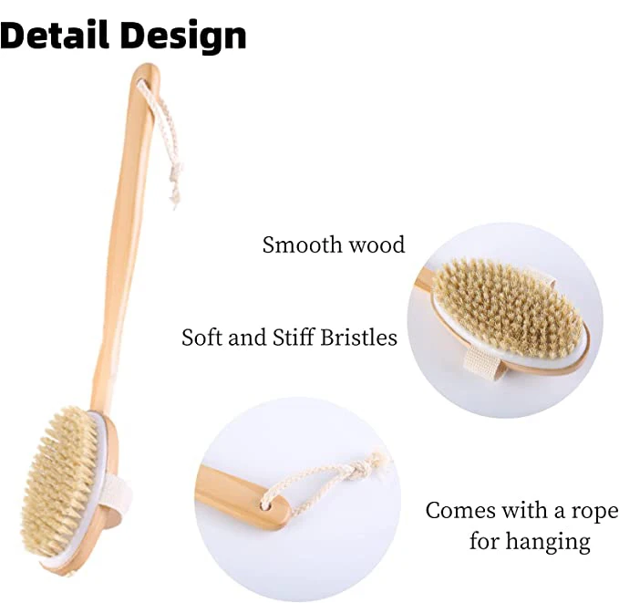 Shower Wooden Bath Brush With Soft And Stiff Bristles Back Scrubber ...