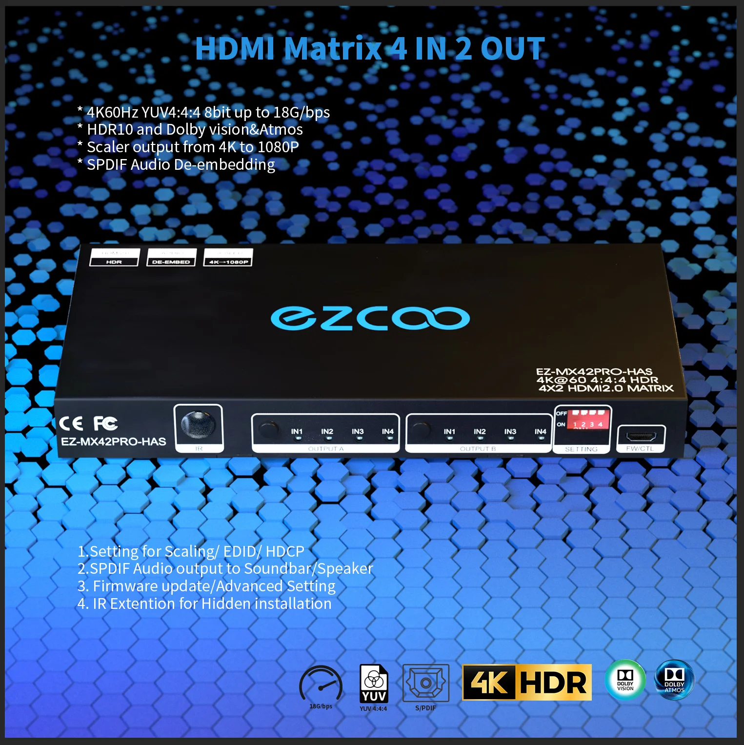 Hd-mi Switch Matrix 4 In 2 Out 4k Hdr D-olby Vision&atmos In Sync With Spdif Audio Extractor Ir ...
