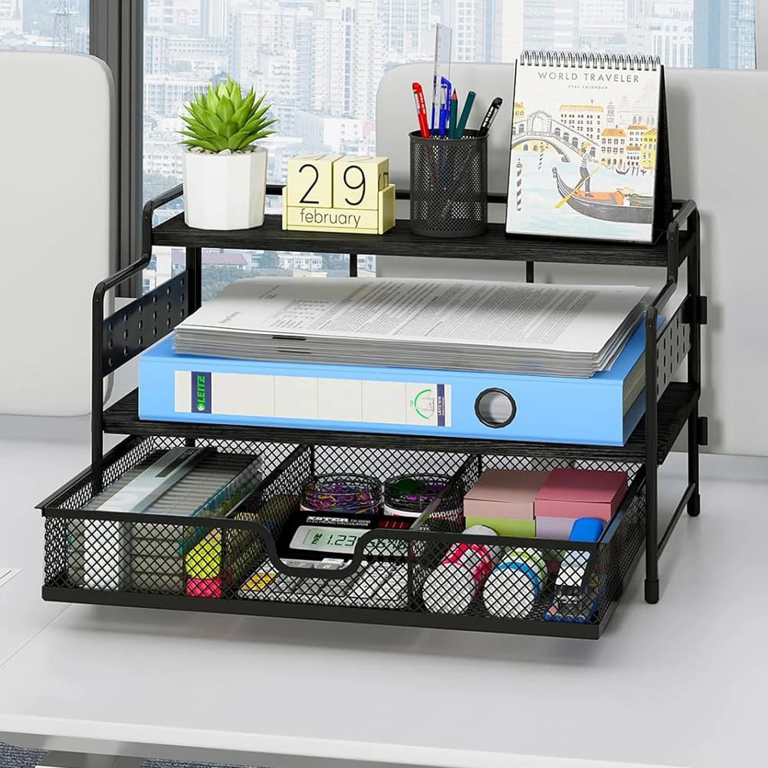 Modern 2-tier Office Desk Organizer With Sliding Drawer Fancy Desk File ...