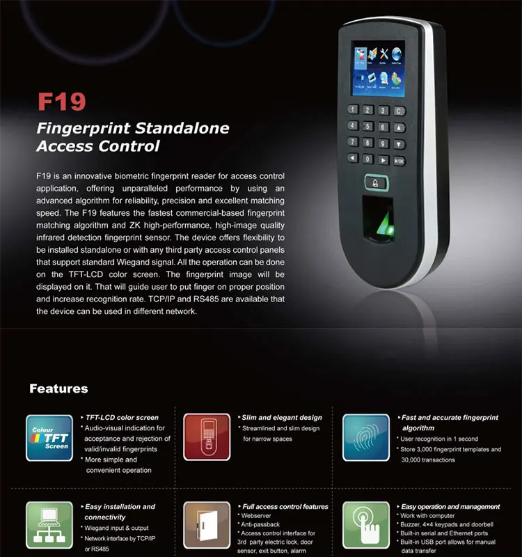 Zk Teco F19 Biometric Fingerprint Standalone Access Control Time ...