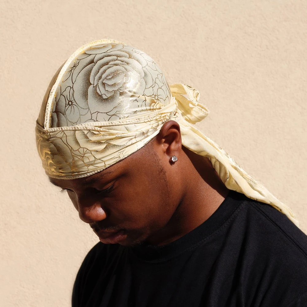 Beige & Gold Floral Silky Durag - Unisex Head Cover