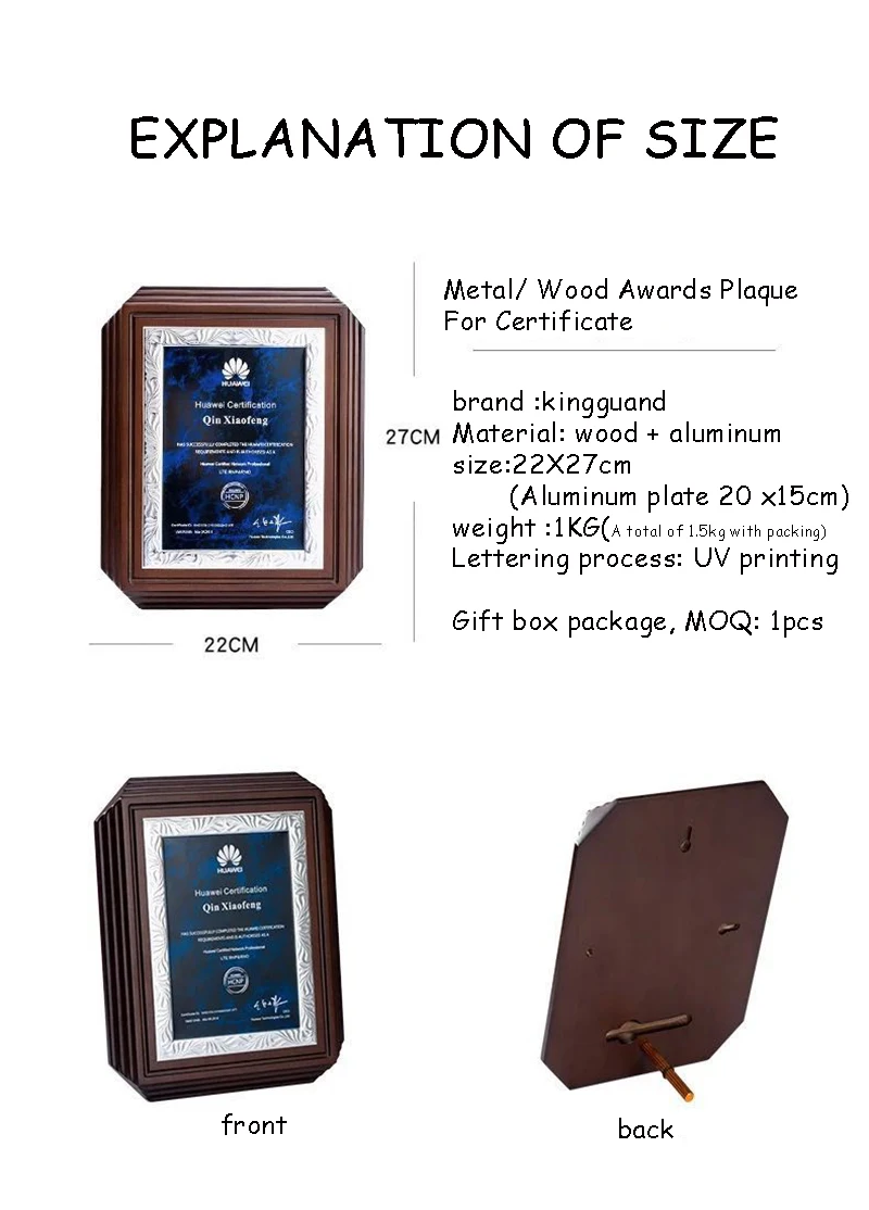 Customized Metal/wood Award Plaque for Certificate of Authorization