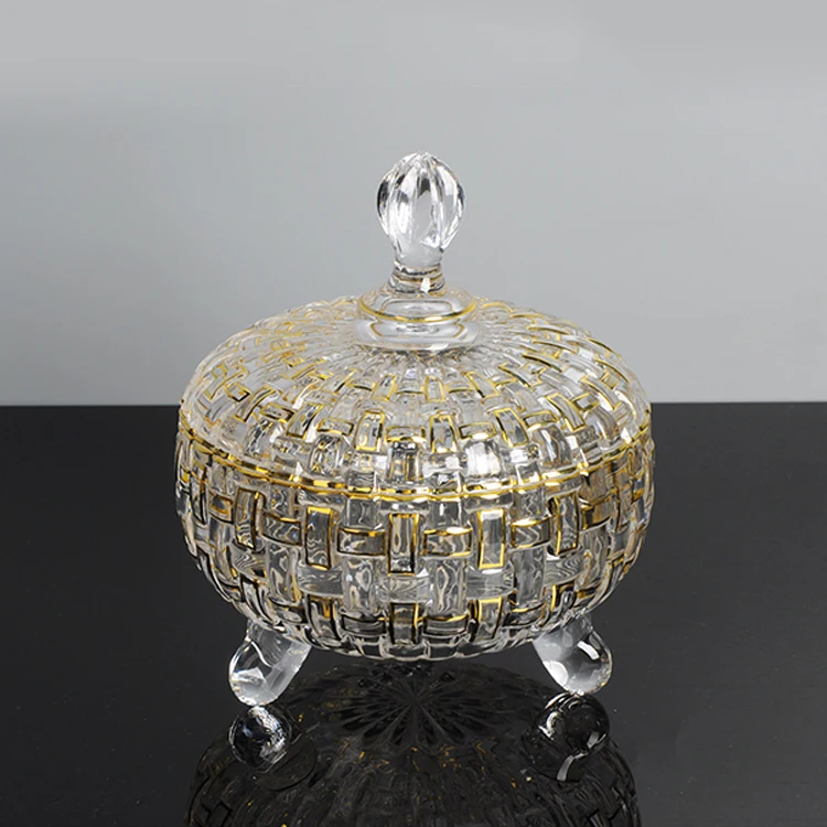 760ml Luxury Golden Mesh Design Crystal Glass Candy Bowl Jar With Three ...