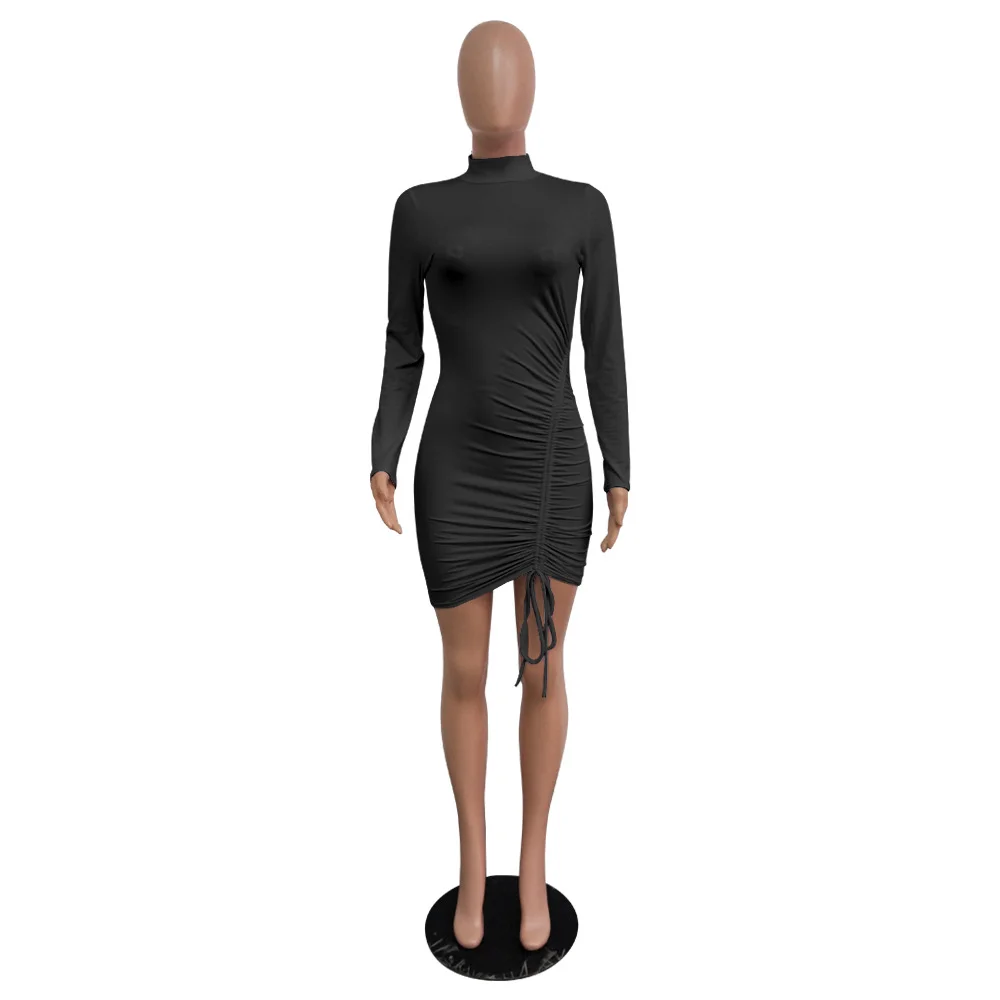 Woman Party Night Sexy Ruched Bodycon Mini Dress Women Clothes Long Sleeve O Neck Lace Up Draped ...