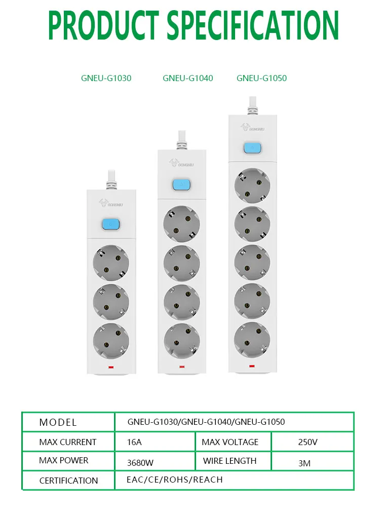 Gongniu 10 Feet European 3 Way German-type Outlet 16a 250v Ac Power ...