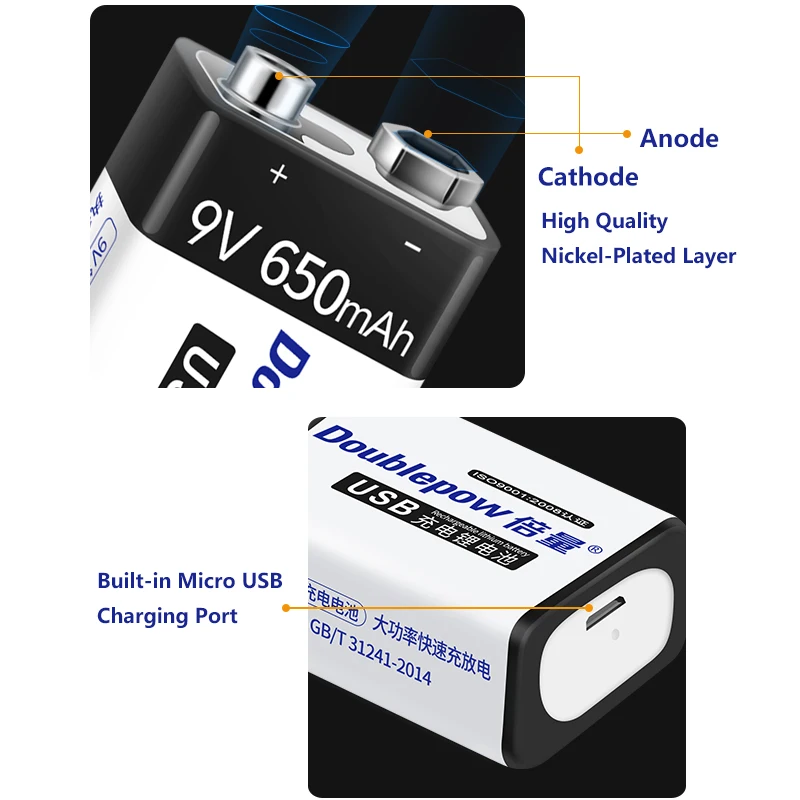 Doublepow Usb 9v 650mah Lithium Ion Rechargeable Battery For Alarms And ...