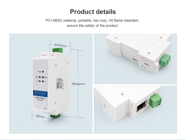 USR-DR302 Din-Rail Modbus RS485 Serial to Ethernet Converter