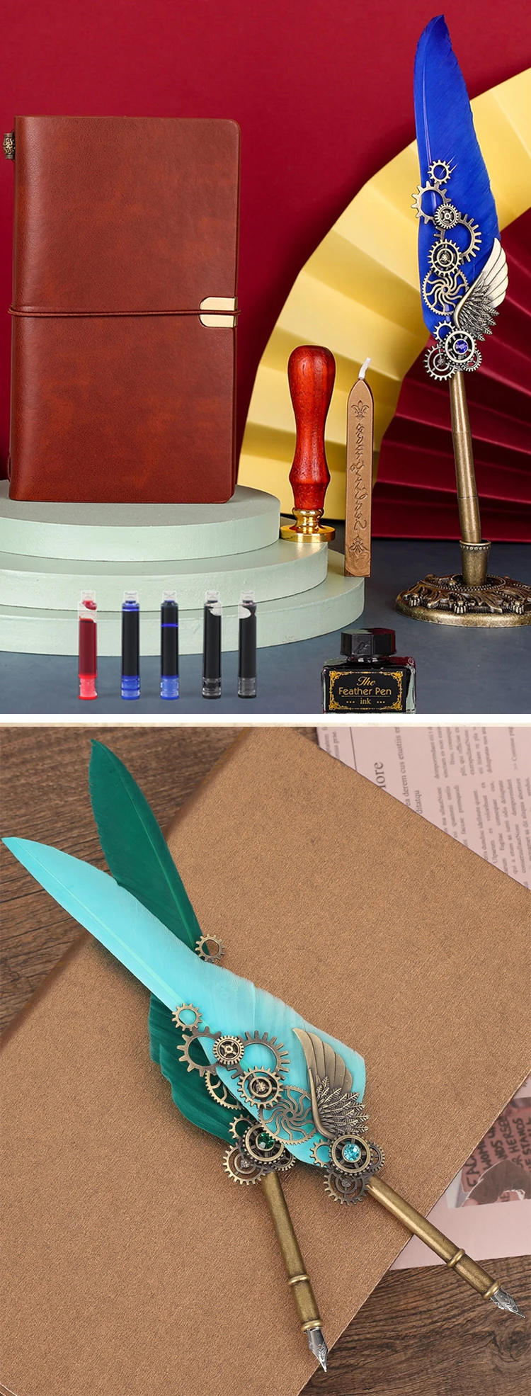 Brown Feather Quill Pen Gift Set Leather Journals Wax Stamp Seal ...