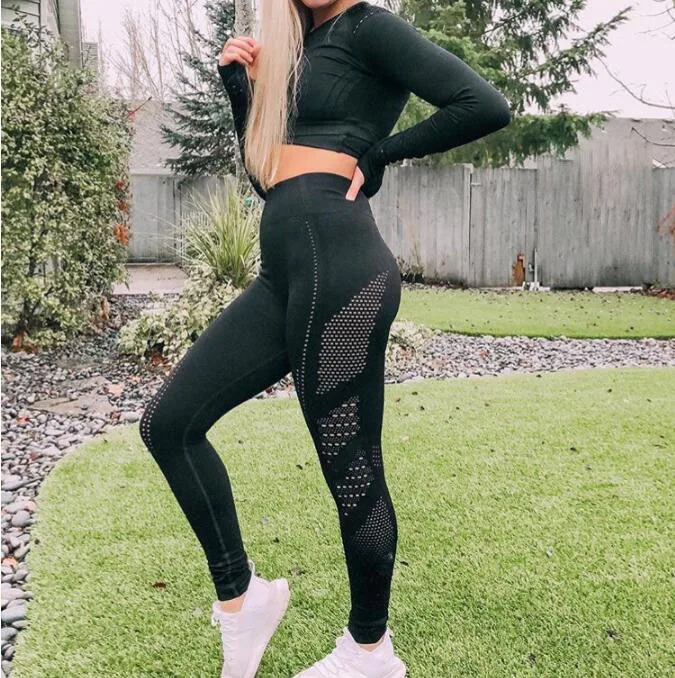 Women Seamless Yoga Sets High Waist Gym Mesh Leggings Shirts Suit Long ...