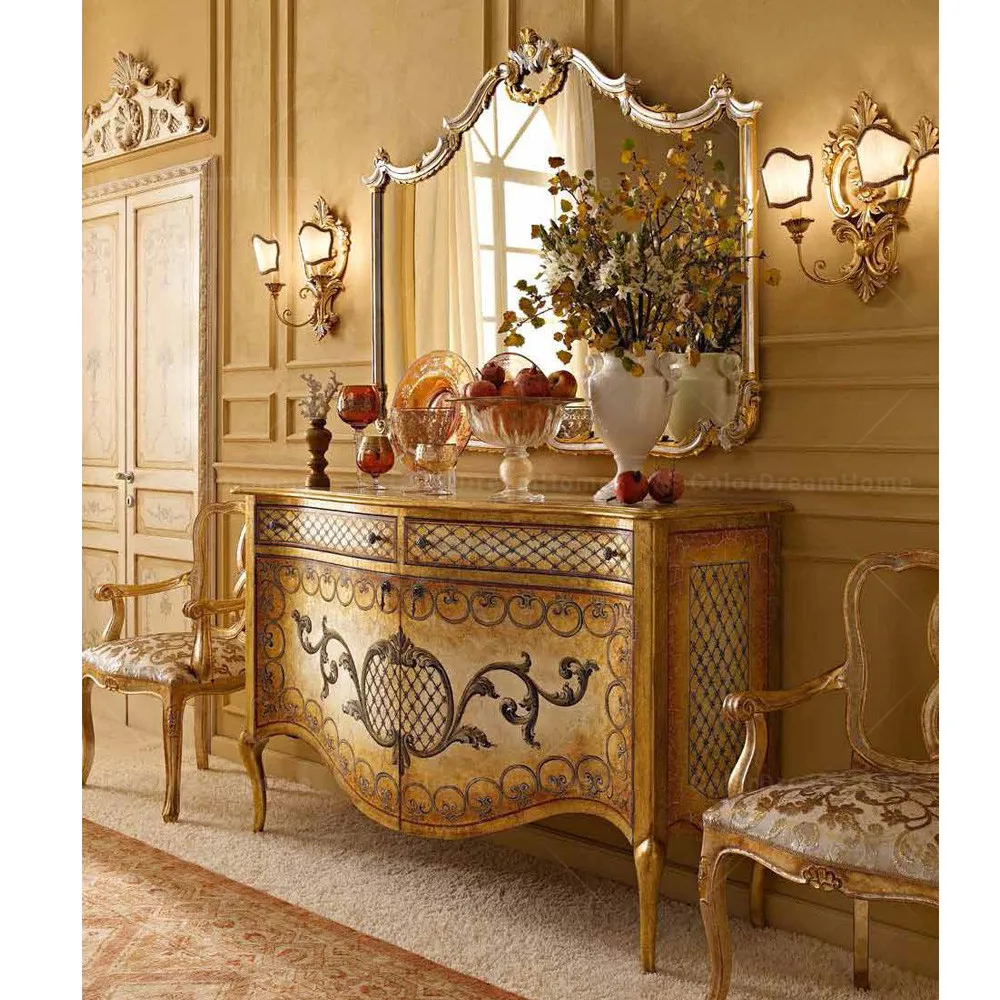 Baroque Luxury Golden Buffet Cabinet Sideboard with Mirror
