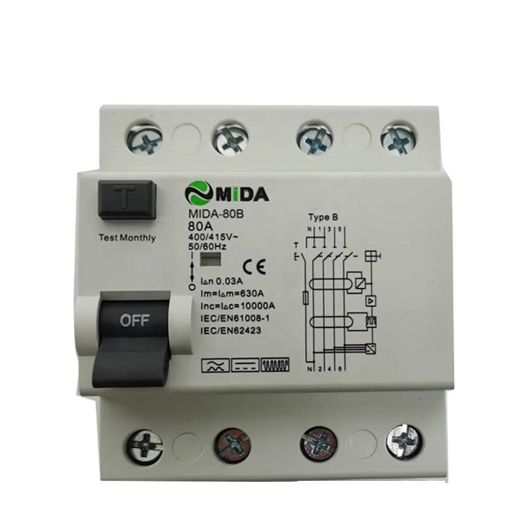 Type B RCCB 63A 80A 100A 2P 4P 30ma DC 6ma B Type RCD for EV Wallbox