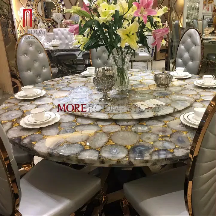 Luxury Dining Room Marble Gemstone Furniture Purple Fluorite Dining ...
