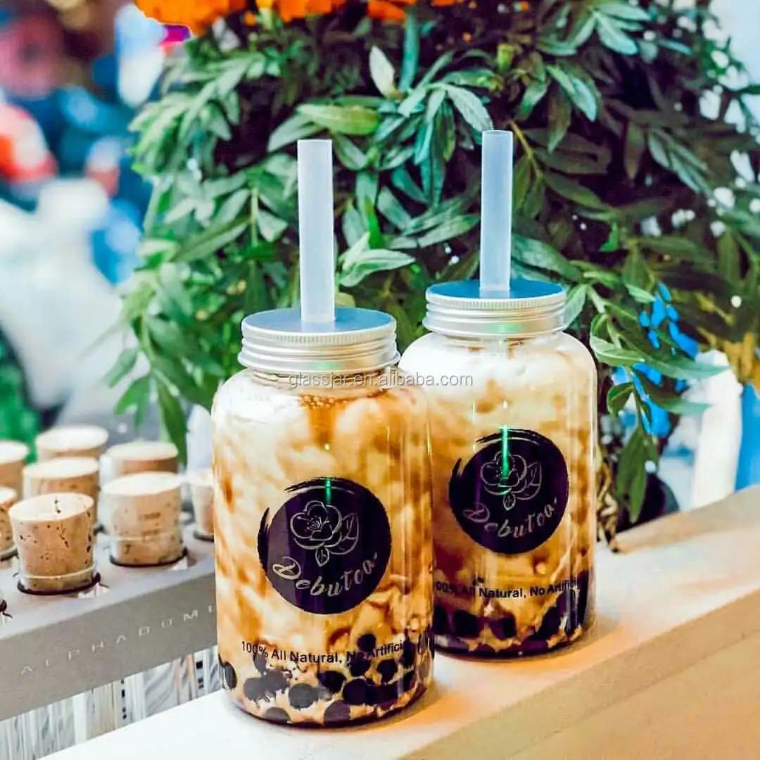 Reusable Bubble Tea Boba Glass Cups Boba Bottle With Boba Straw Plastic ...