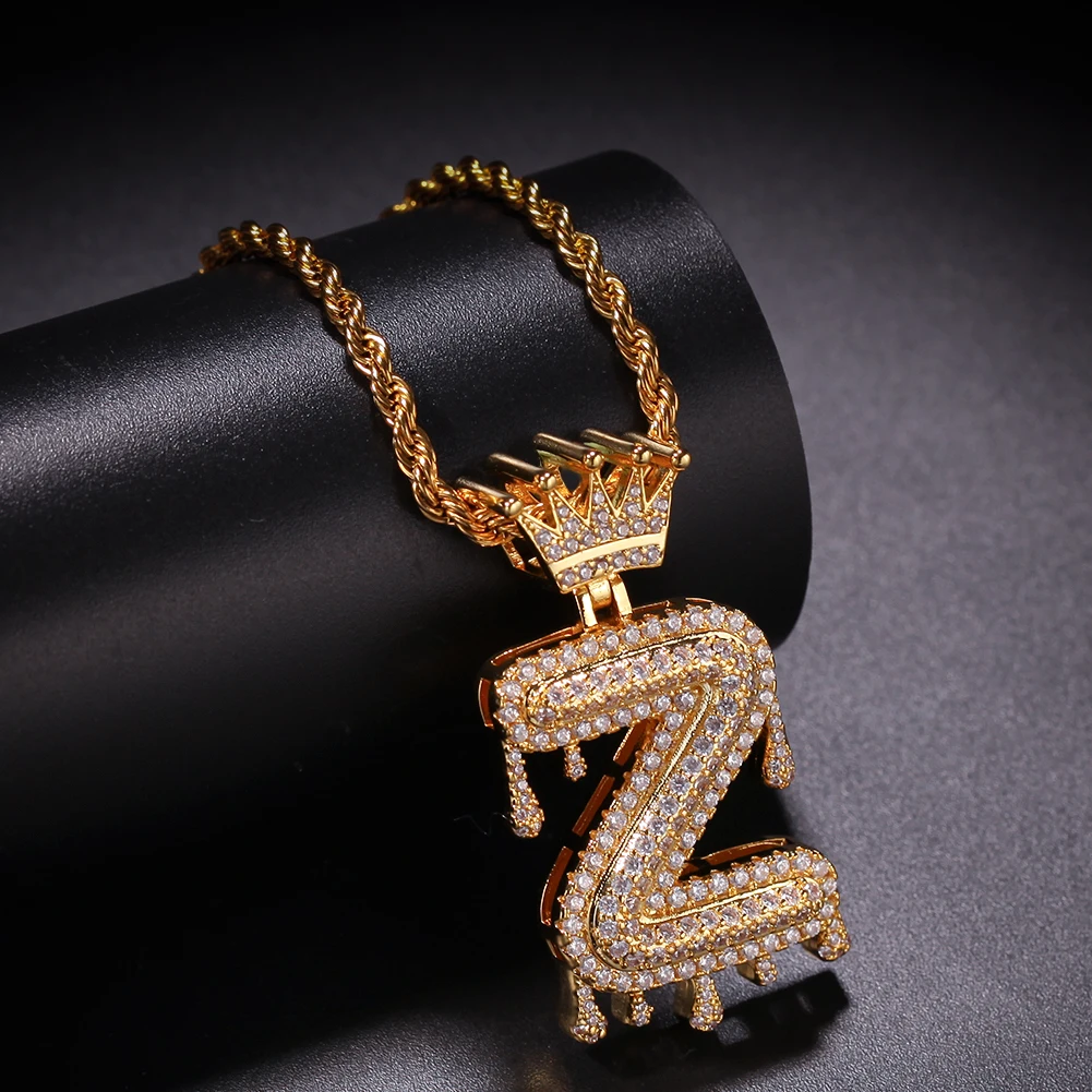 Trendy Iced Out Crown Letter Water Drip Pendant Gold Chain