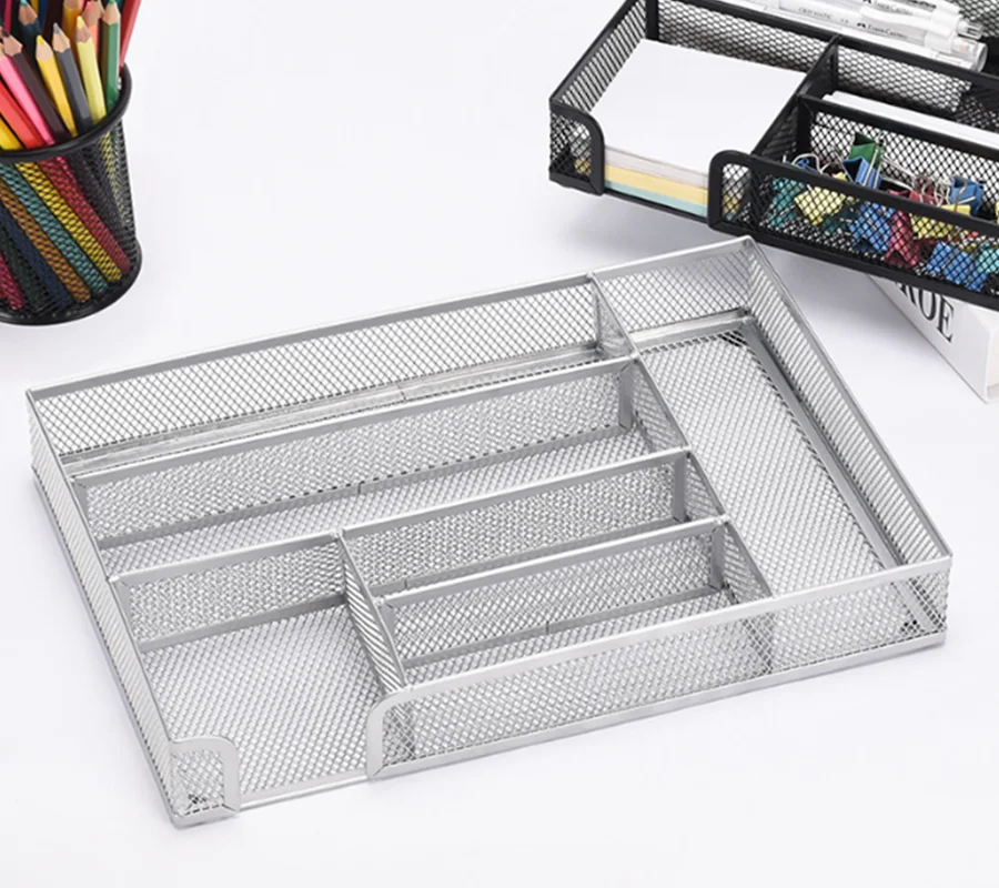 Metal Mesh Desk File Organizer Tray With 6 Compartments Sorter Drawer ...