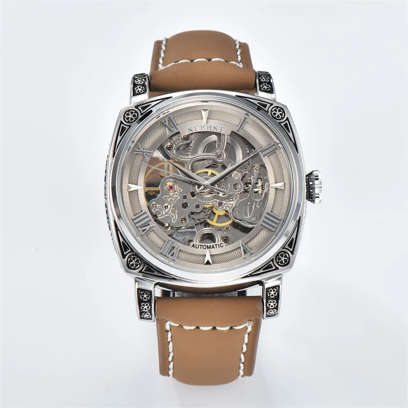 Kuerst Men's Automatic Mechanical Watch Brown Leather Luminous Alloy ...