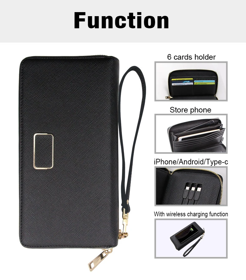 Pu Leather Zipper Wallet With Wireless Power Bank Charger Close Zip ...