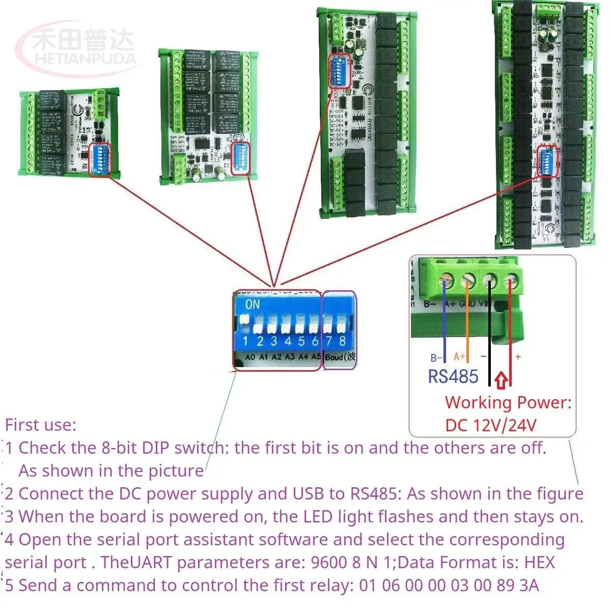 8CH DIP Switch Set Parameters RS485 Relay Board Modbus RTU PLC Remote IO Module RYR408B C35 DIN ...
