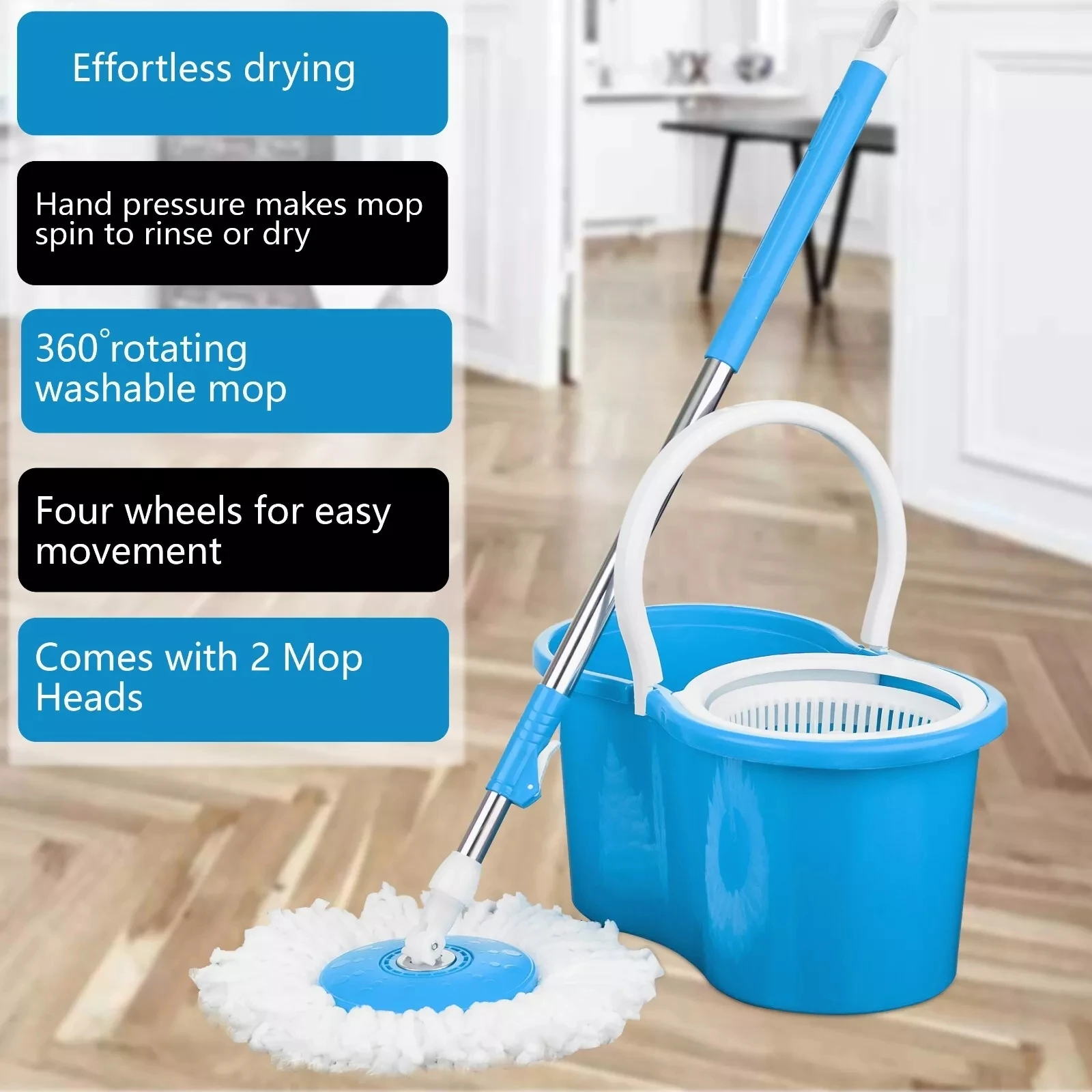 Home 360 Spinning Mop Squeeze Bucket With 2 Microfiber Head Foldable ...