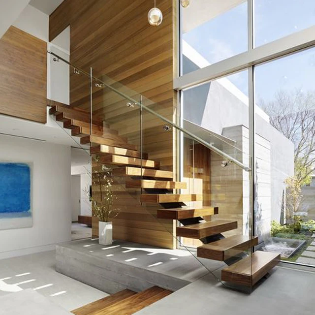 Wood Floating Stairs with Tempered Glass Railing - Durable & Safe