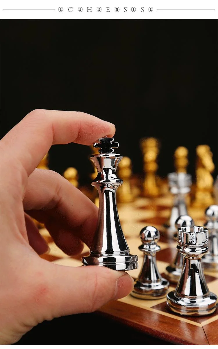 High-end Style Chess Set - Wooden Board with Metal Pieces