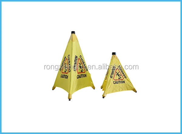 Yellow Trilingual Wet Floor Caution Sign - Pop-up Safety Cone