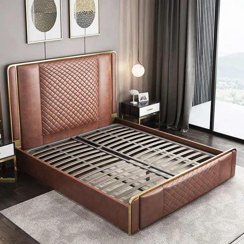Luxury Modern High Back Headboard Storage Double Soft Bed