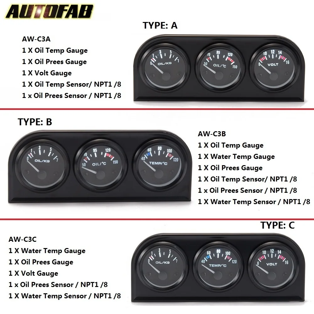 AUTOFAB Triple Gauge Kit - 3in1 Volt/water Temp/oil Pressure