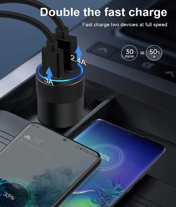 Universal Usbc Type-c Dual Port Mini Car Charger Fast Charging Car 2 ...