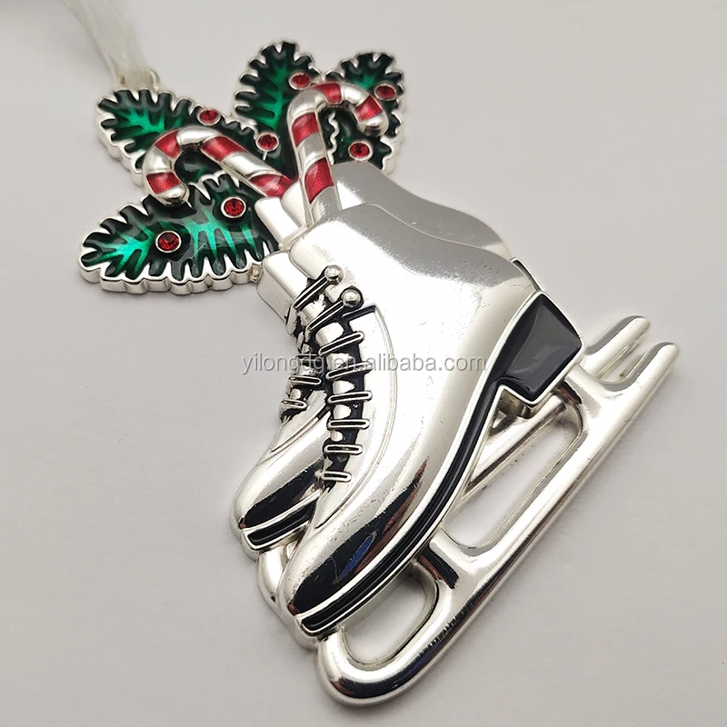Novelty Silver Metal Ice Skates With Holly Leaf And Cane Decorative ...