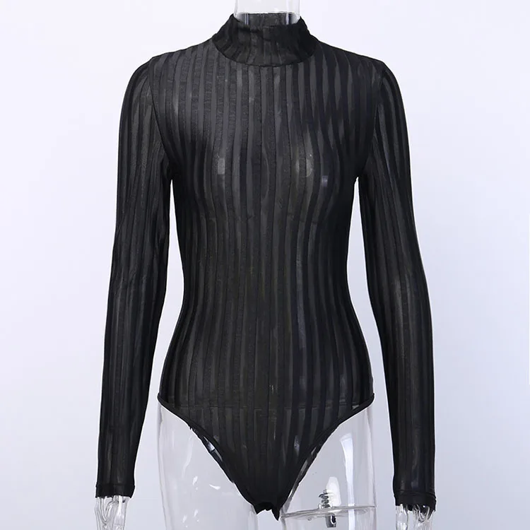 Women Ladies Spring Stripe Jumpsuits Transparent Turtleneck Party ...