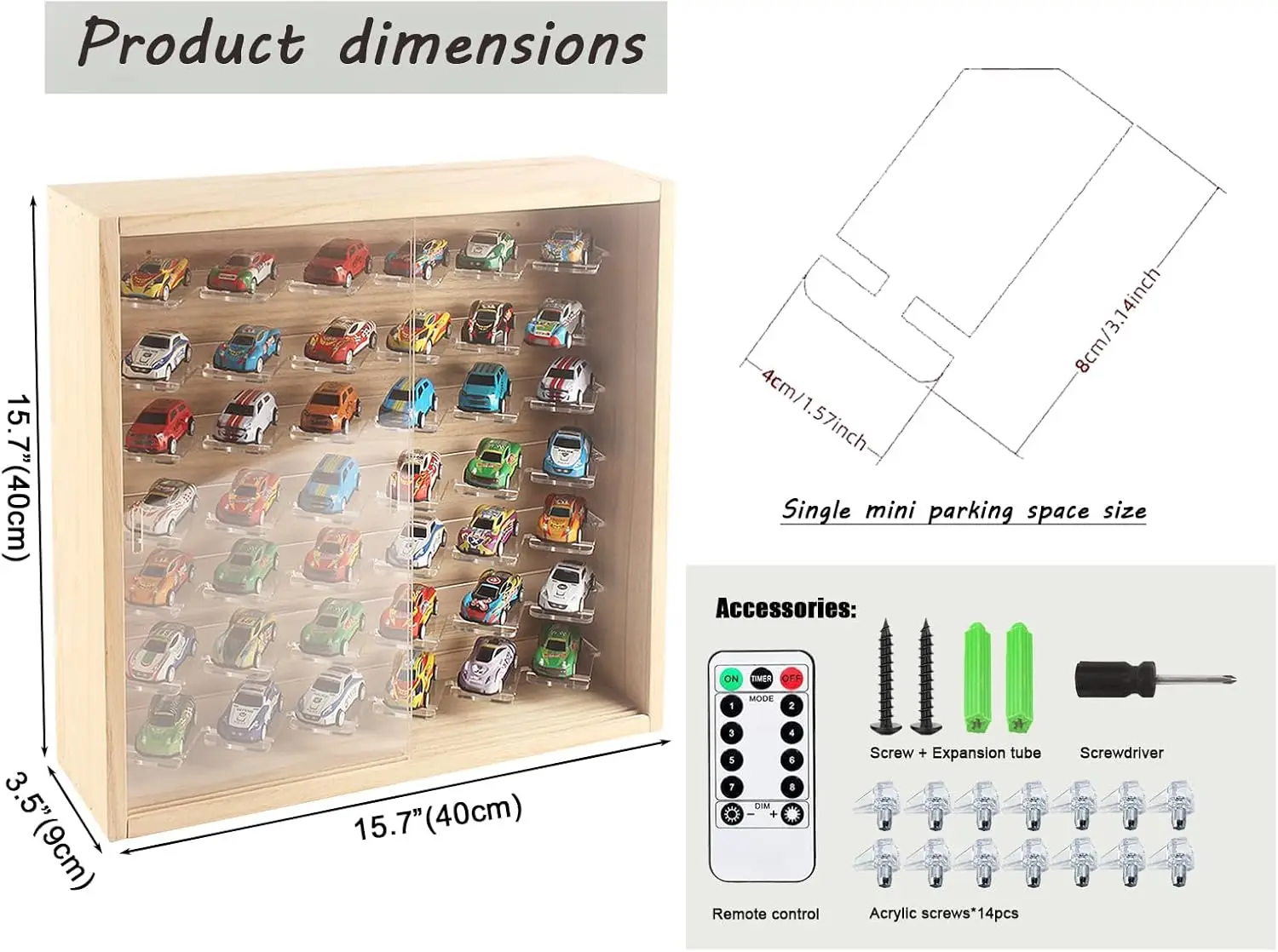 1/64 Mini Cars Display Case - 7 Tiers, LED Lights & Wood