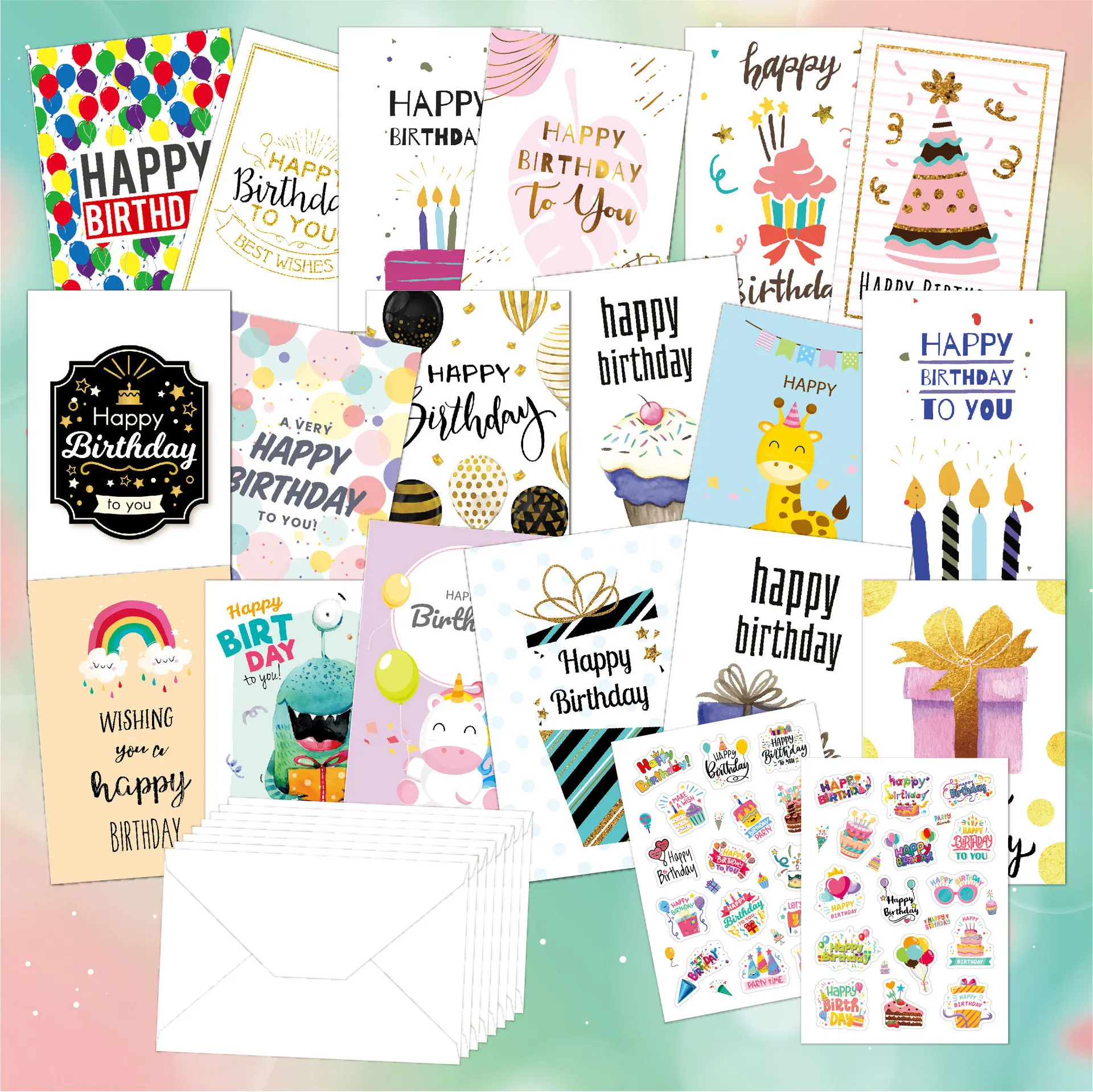 18 Cards +18 Envelopes +2 Stickers Birthday Card Set With Envelope ...