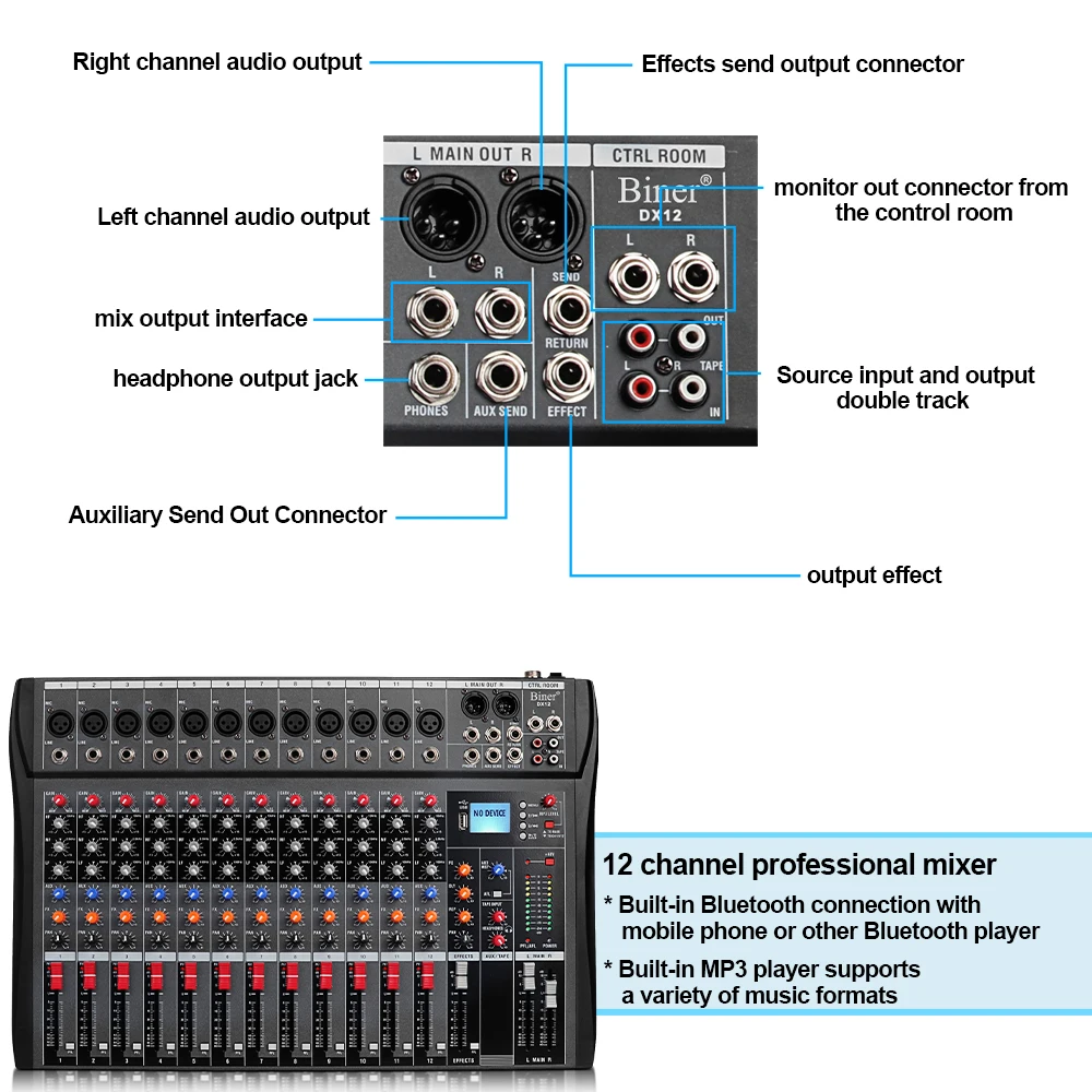 OEM DX12 Professional Audio Mixer USB MP3 Input 48V Phantom Power DJ ...