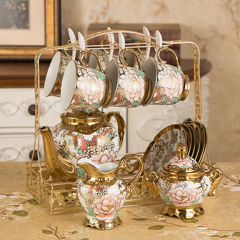 16 Piece European Retro Tea Set with Metal Holder Porcelain Cups